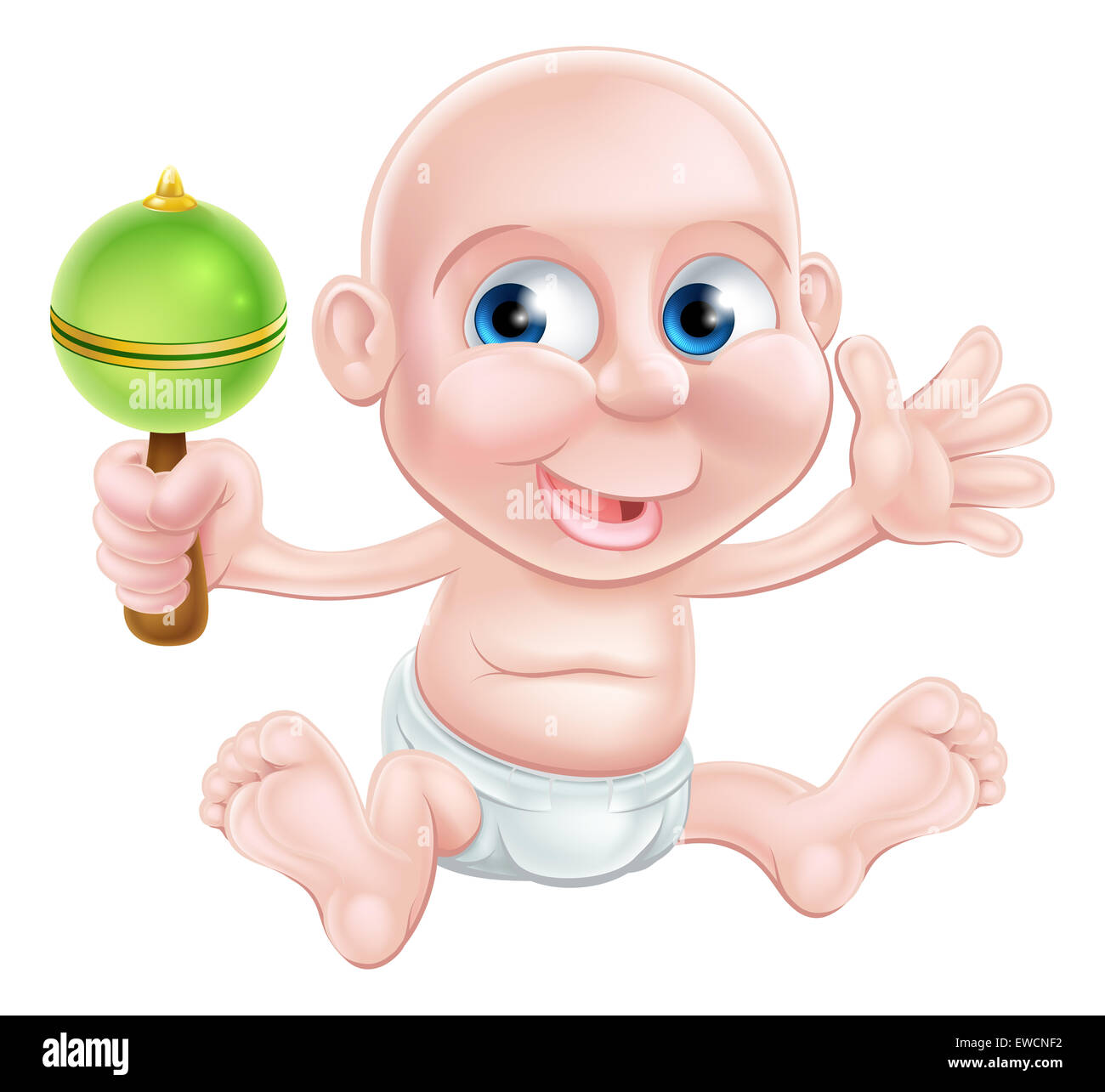 An illustration of a happy cartoon baby waving and playing with his toy ...