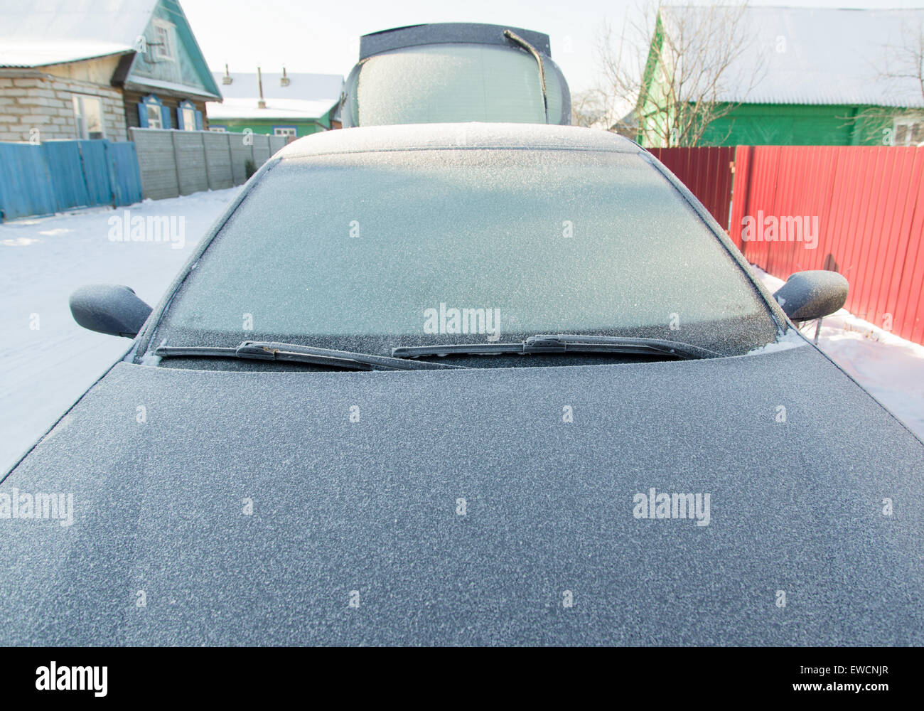 covered with frost frozen winter car on a country road Stock Photo - Alamy