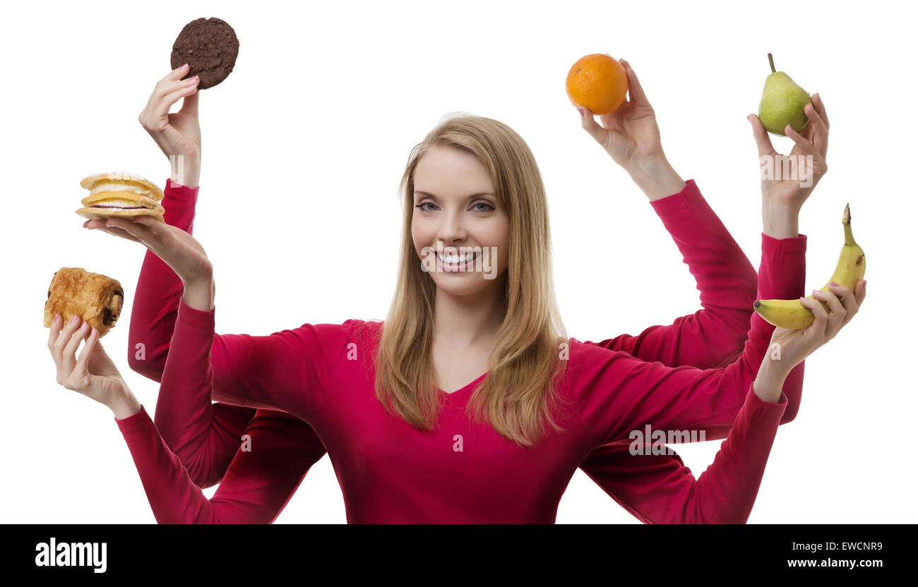 woman with six arms holding fruit and cakes in each hand Stock Photo ...