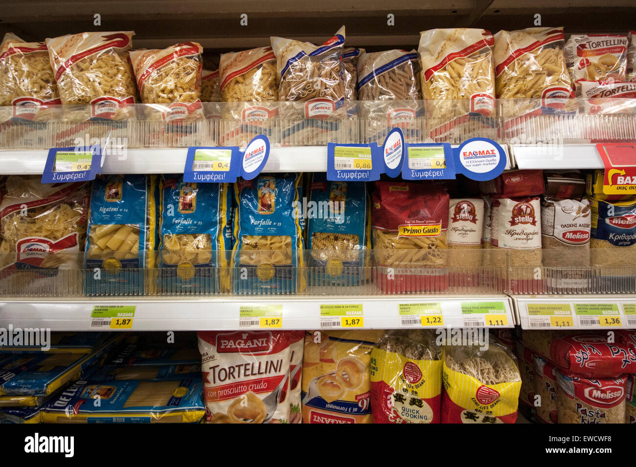 Pasta is stored in a shelf in a supermarket in Athens on the 23rd of ...