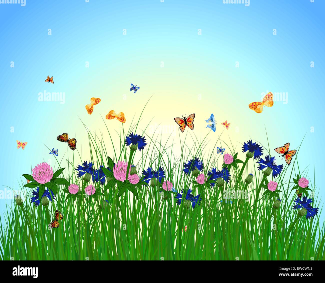Meadow color background with and sun. All objects are separated. Vector ...