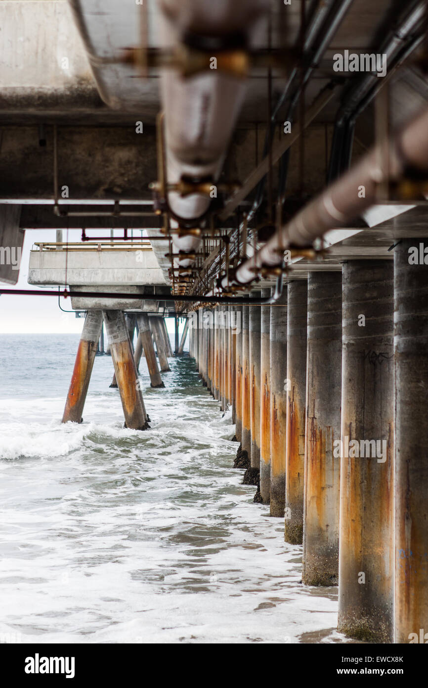 A linear and modern view of the pilings and ocean beneath the Venice ...