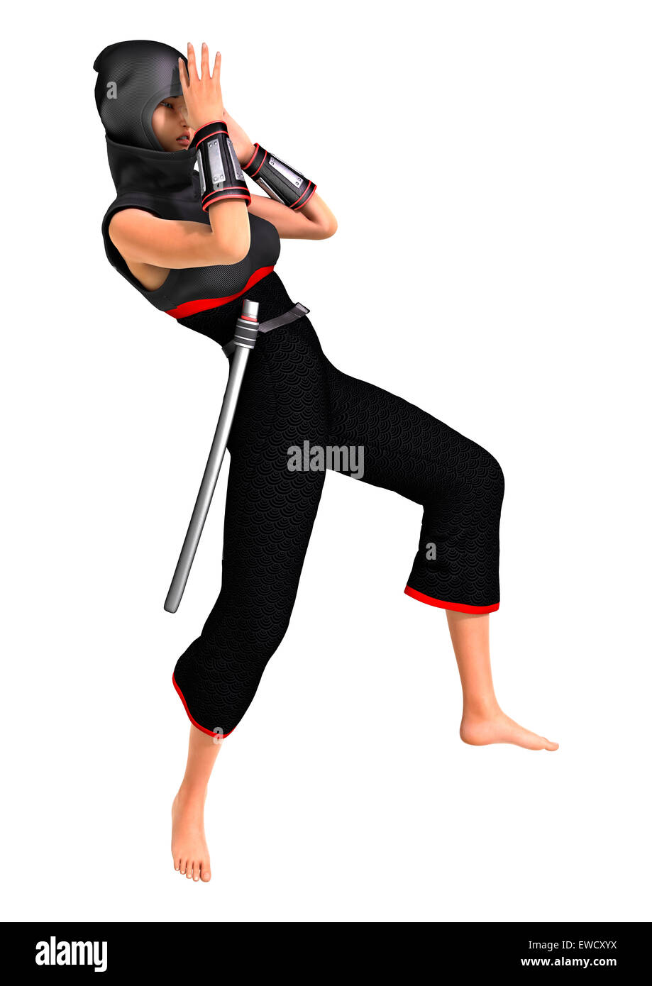 3D digital render of a female ninja fighting isolated on white ...