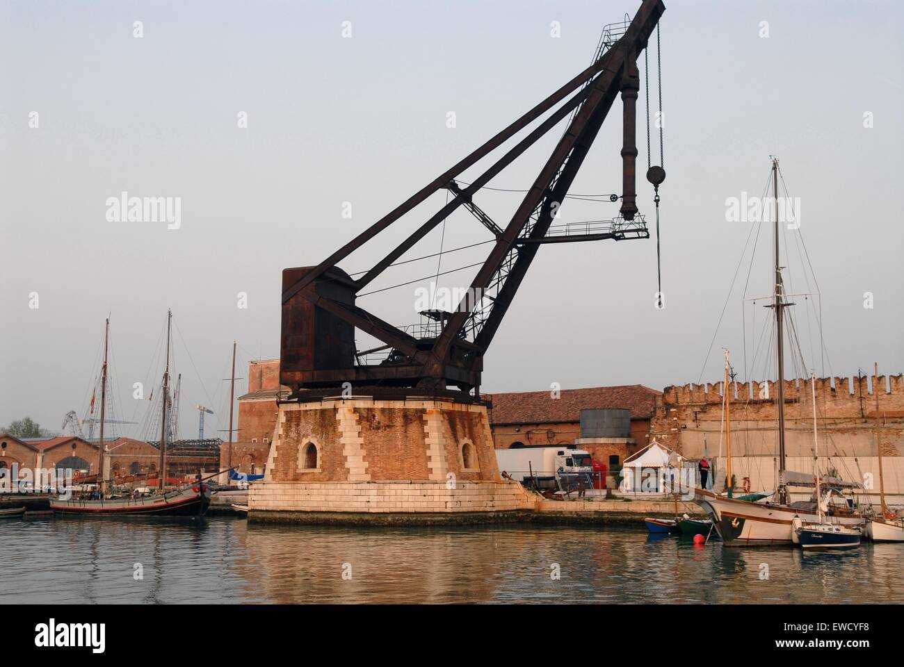 Venice , Italy, the Arsenal, ancient hydraulic crane Armstrong Mitchell ...