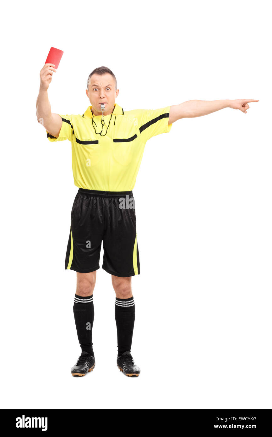 Full length portrait of an angry football referee showing a red card ...