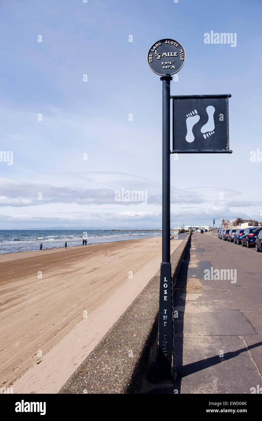 The Lang Scots Mile sign at halfway point on beachfront promenade by Firth of Clyde estuary in ...