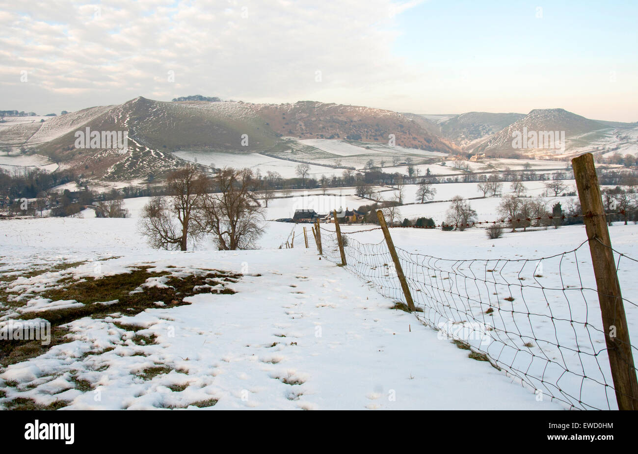 Snow covered landscape surrounding Ilam in the Peak District ...