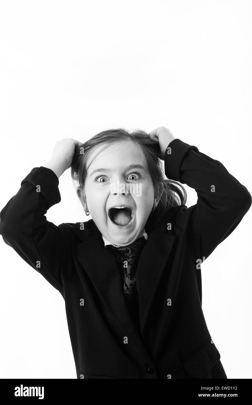 young girl dress up as a office worker getting mad pulling out her hair ...
