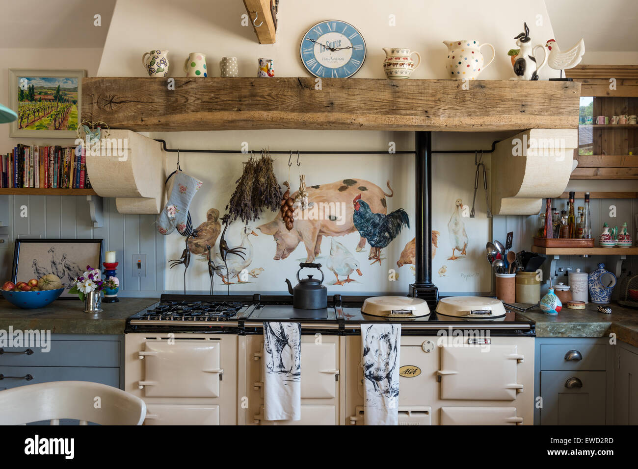 Hand painted farm animals by Annabel Rigby above aga stove top Stock ...