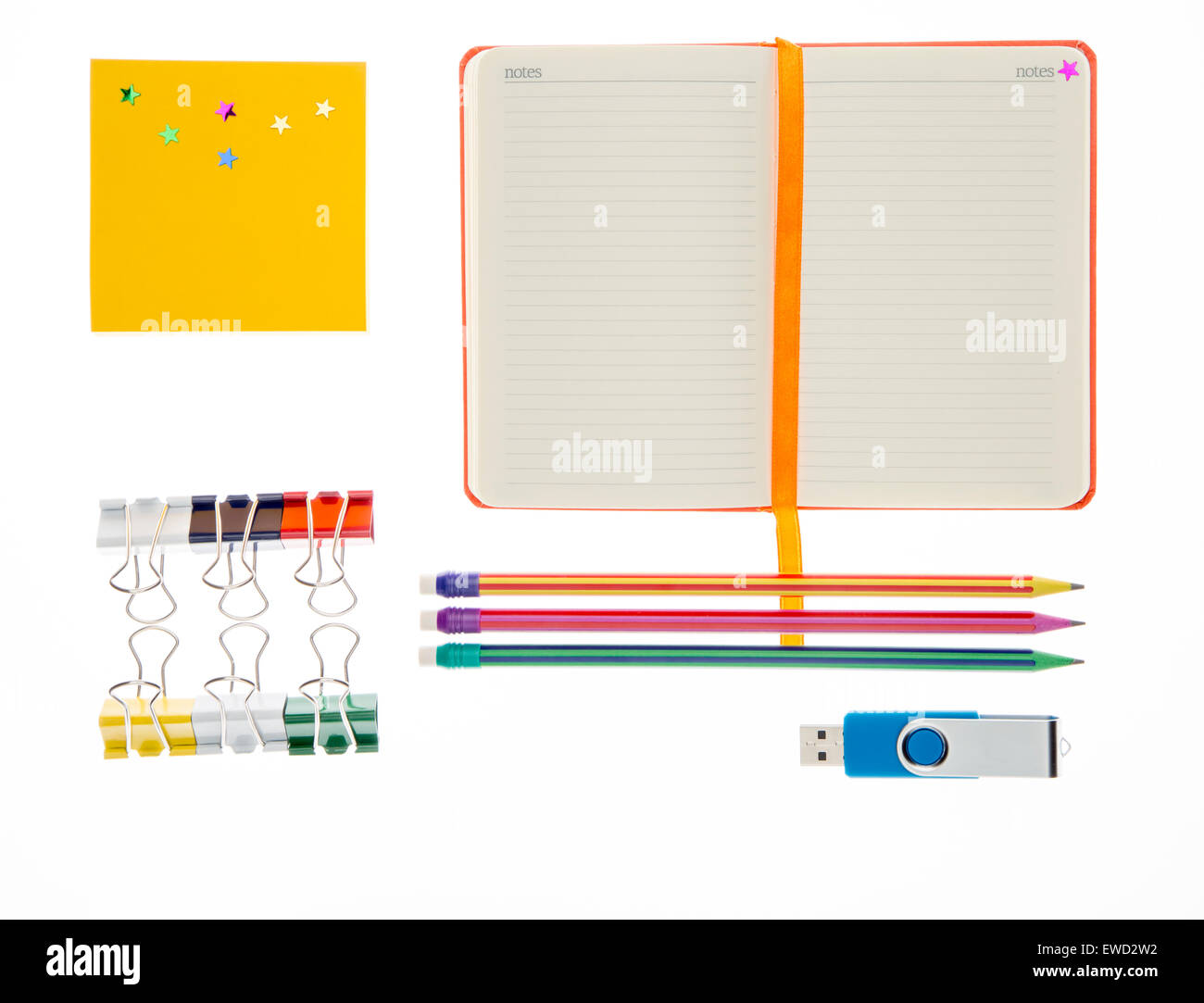 Notebook, pencil and memory flash on white background Stock Photo - Alamy