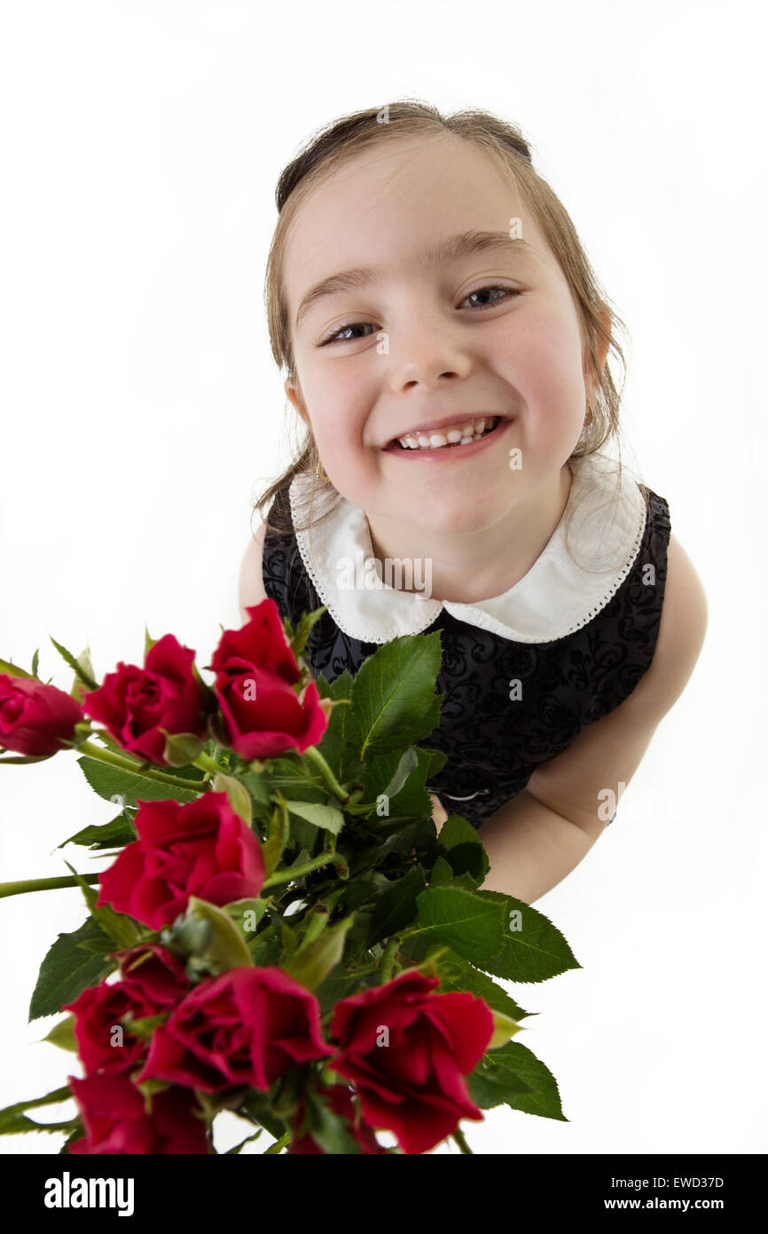 Looking Down On Young Girl Holding Flowers Looking Very Happy With A