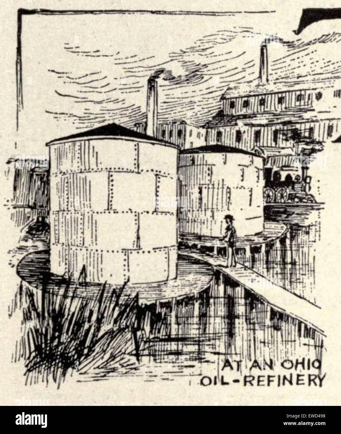 This image depicts a scene from 1902 at an Ohio oil refinery ...