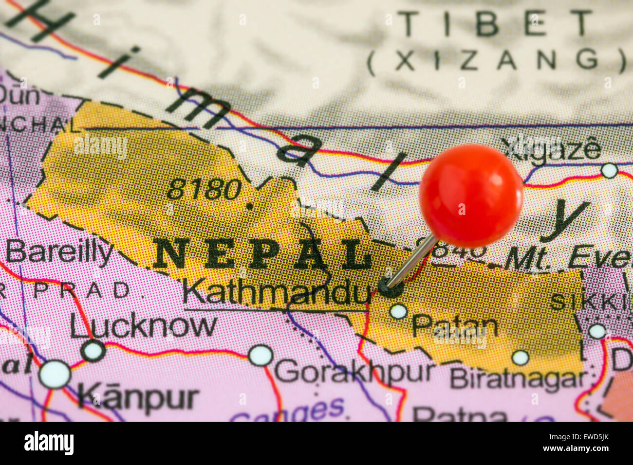 Close-up of a red pushpin on a map of Kathmandu, Nepal Stock Photo - Alamy