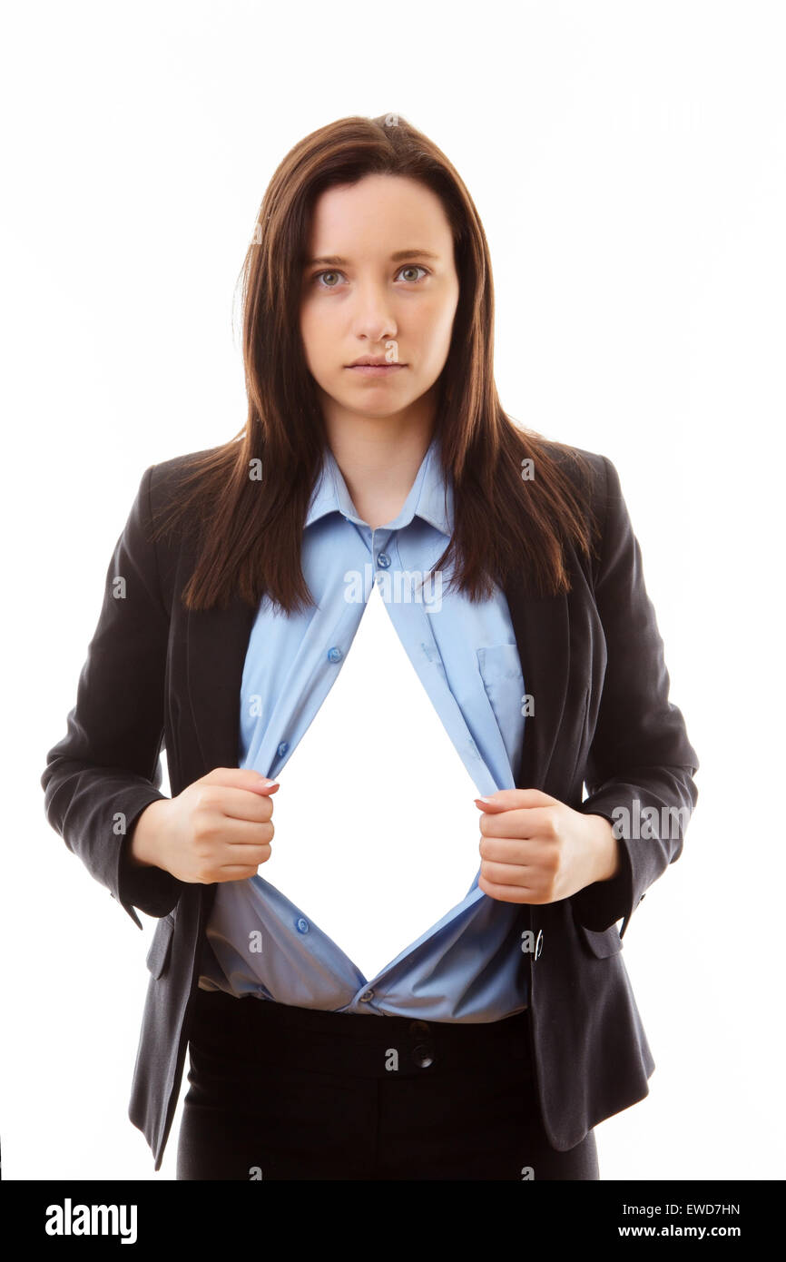 Woman pulling open shirt hi-res stock photography and images - Alamy