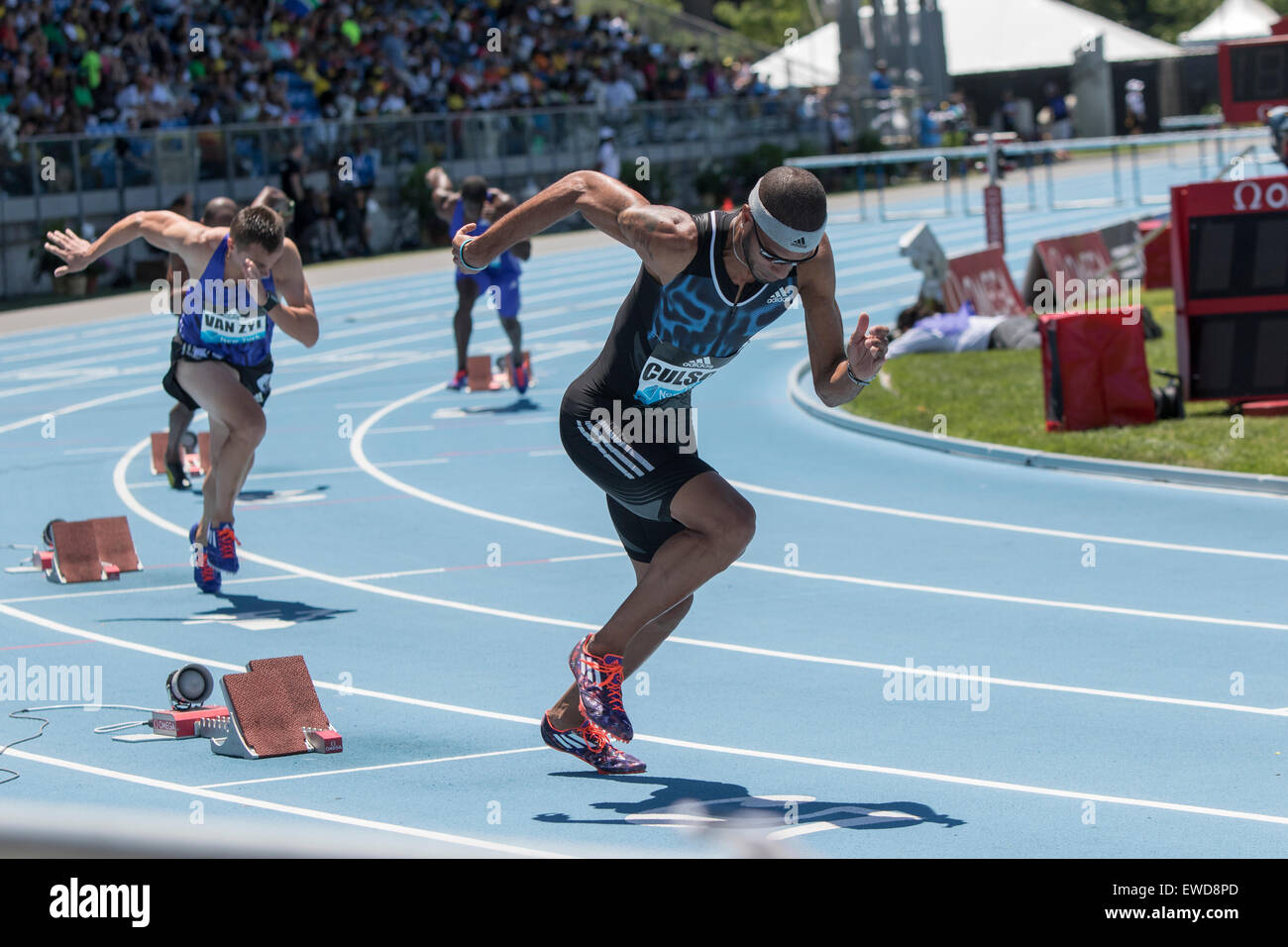 Javier Culson (PUR) starting the Men's 400m Hurdles at the 2015 Adidas ...