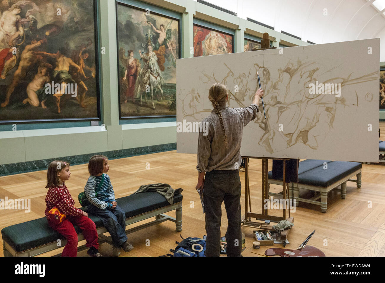 Children looking an artist copying in the Galerie Médicis by Rubens ...