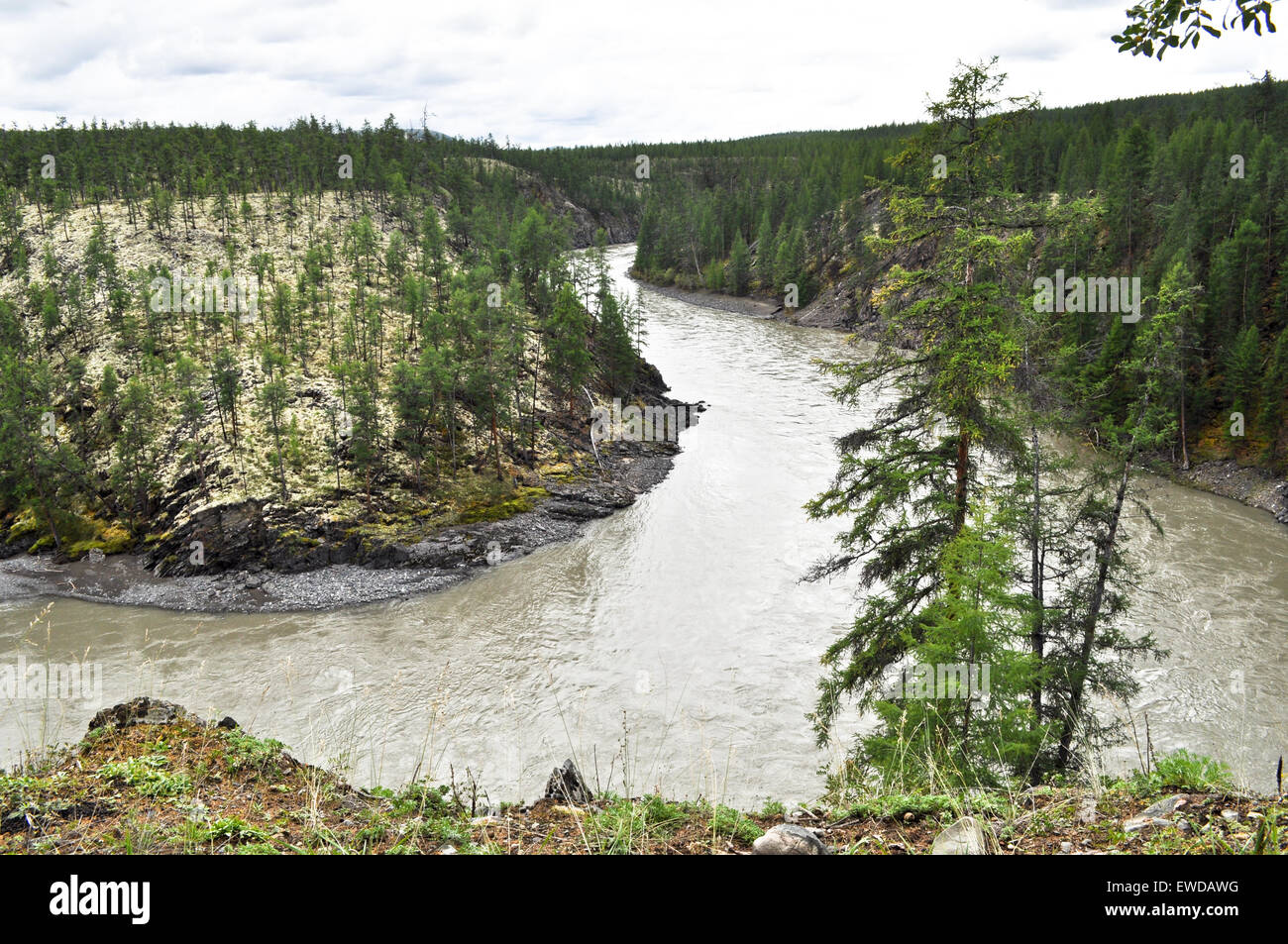 The rocky canyon of the mountain river in Yakutia. Ridge Suntar-khayata ...