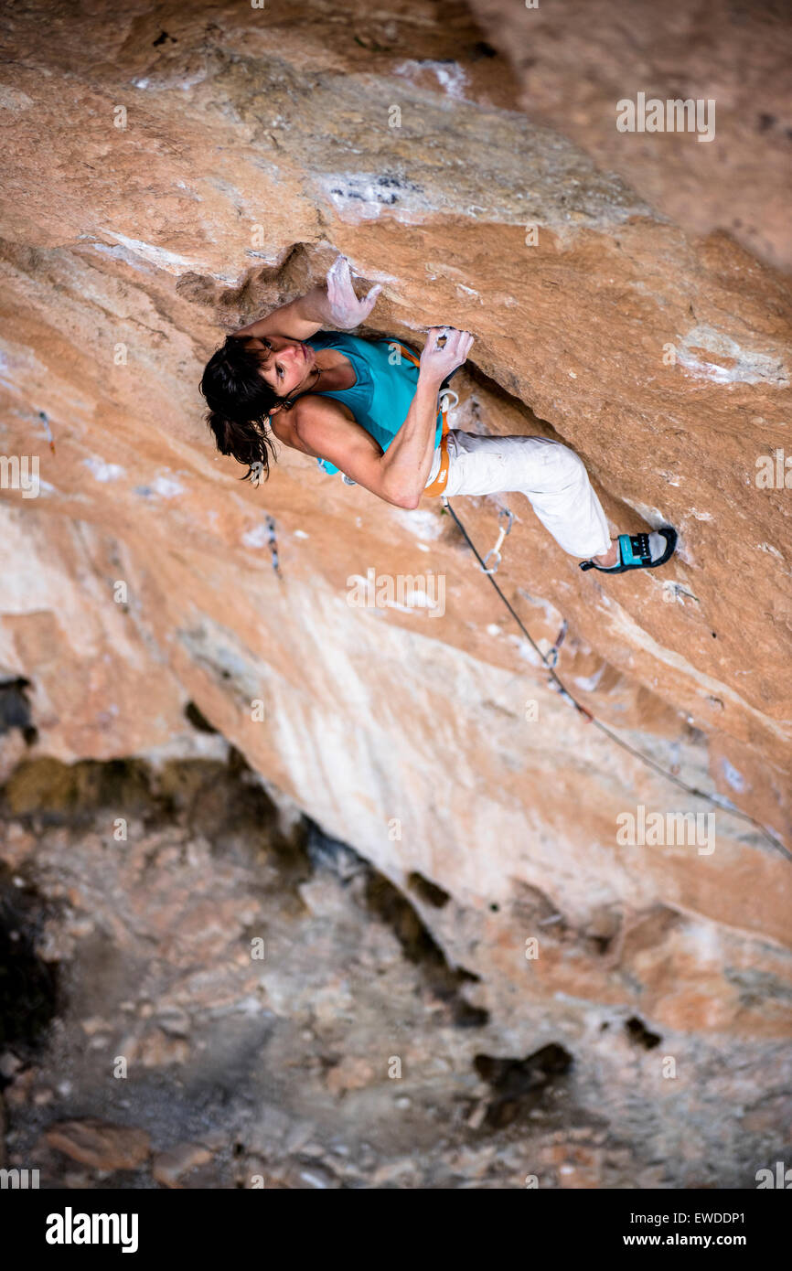 Professional climber Nina Caprez climbing on La Reina Mora, 9a. Siurana ...