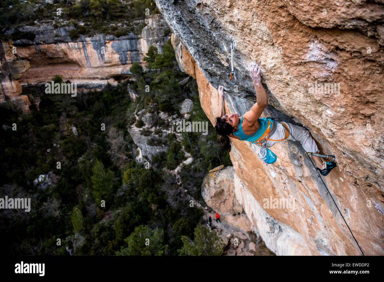 Professional climber Nina Caprez climbing on La Reina Mora, 9a. Siurana ...