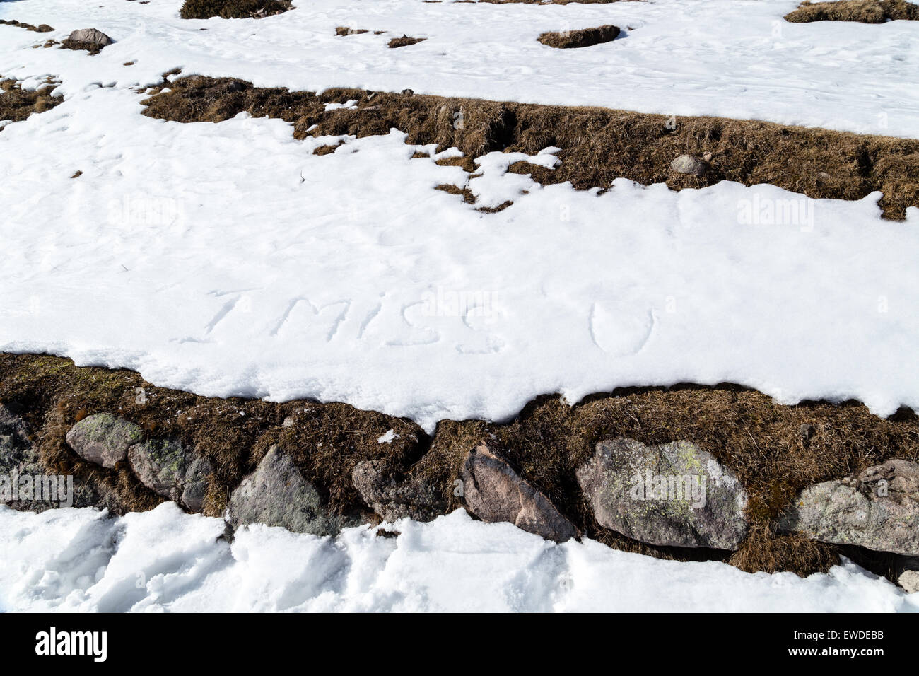 I miss U, sentence written in capital letters on frozen white snow ...