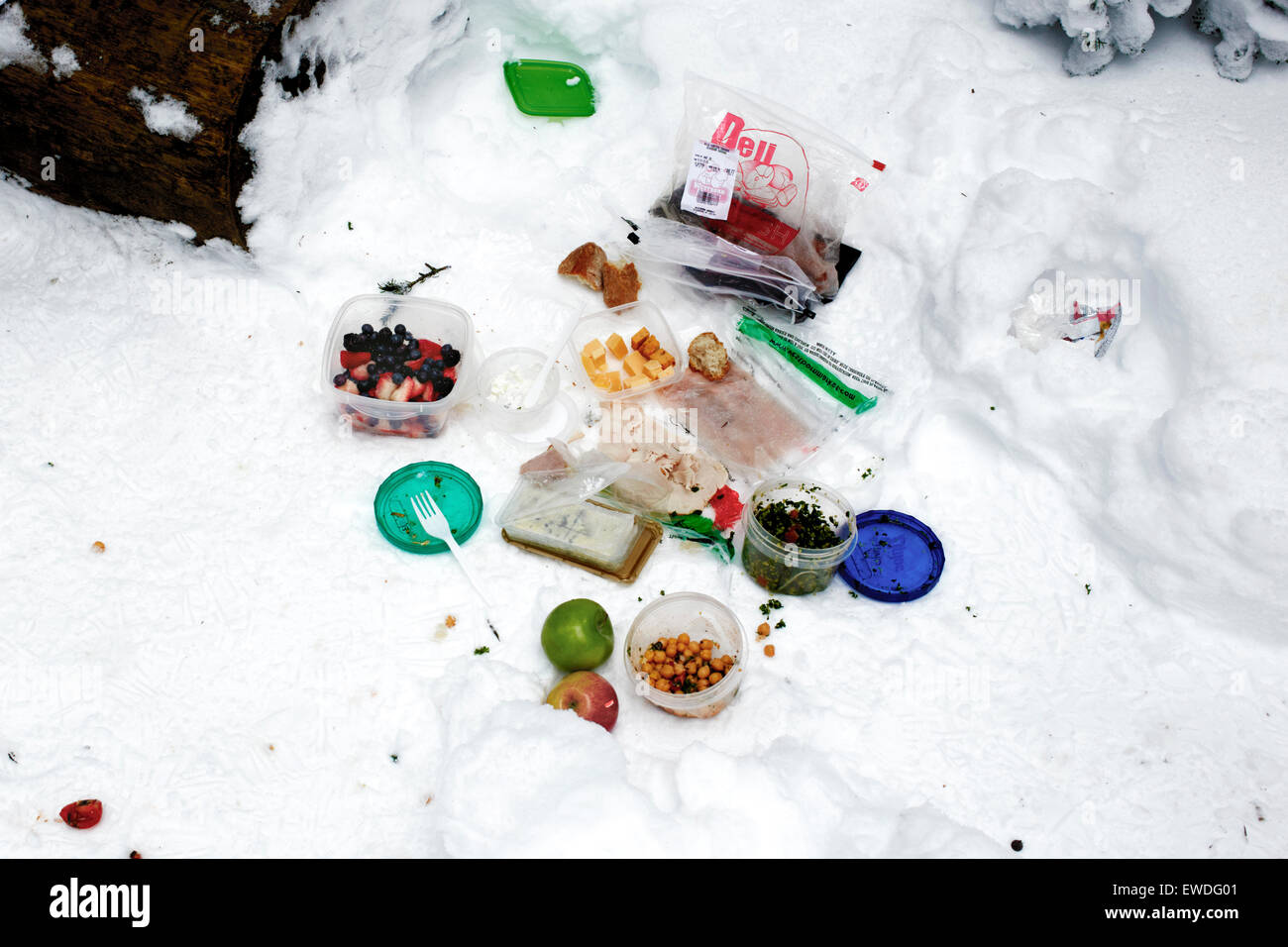 A hikers feast laid out in the snow Stock Photo - Alamy