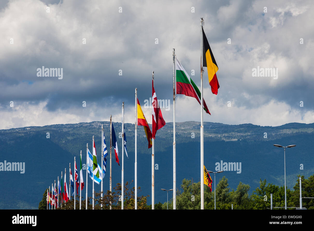Flags of the CERN member states flying outside of the CERN main ...