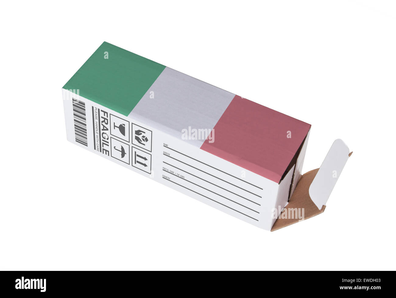 Concept of export, opened paper box - Product of Italy Stock Photo - Alamy