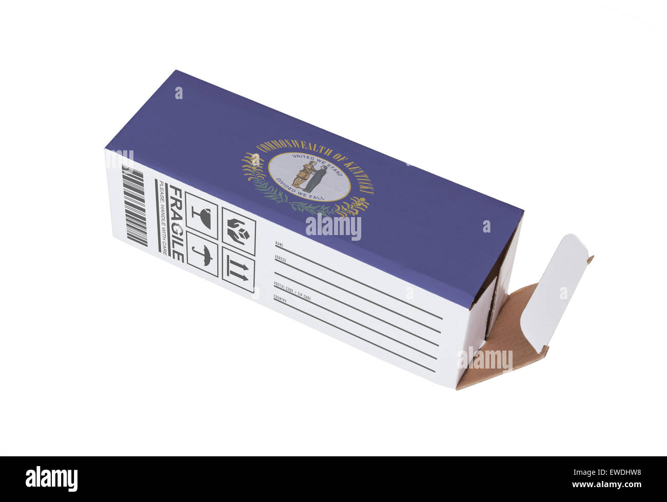 Concept of export, opened paper box - Product of Kentucky Stock Photo ...