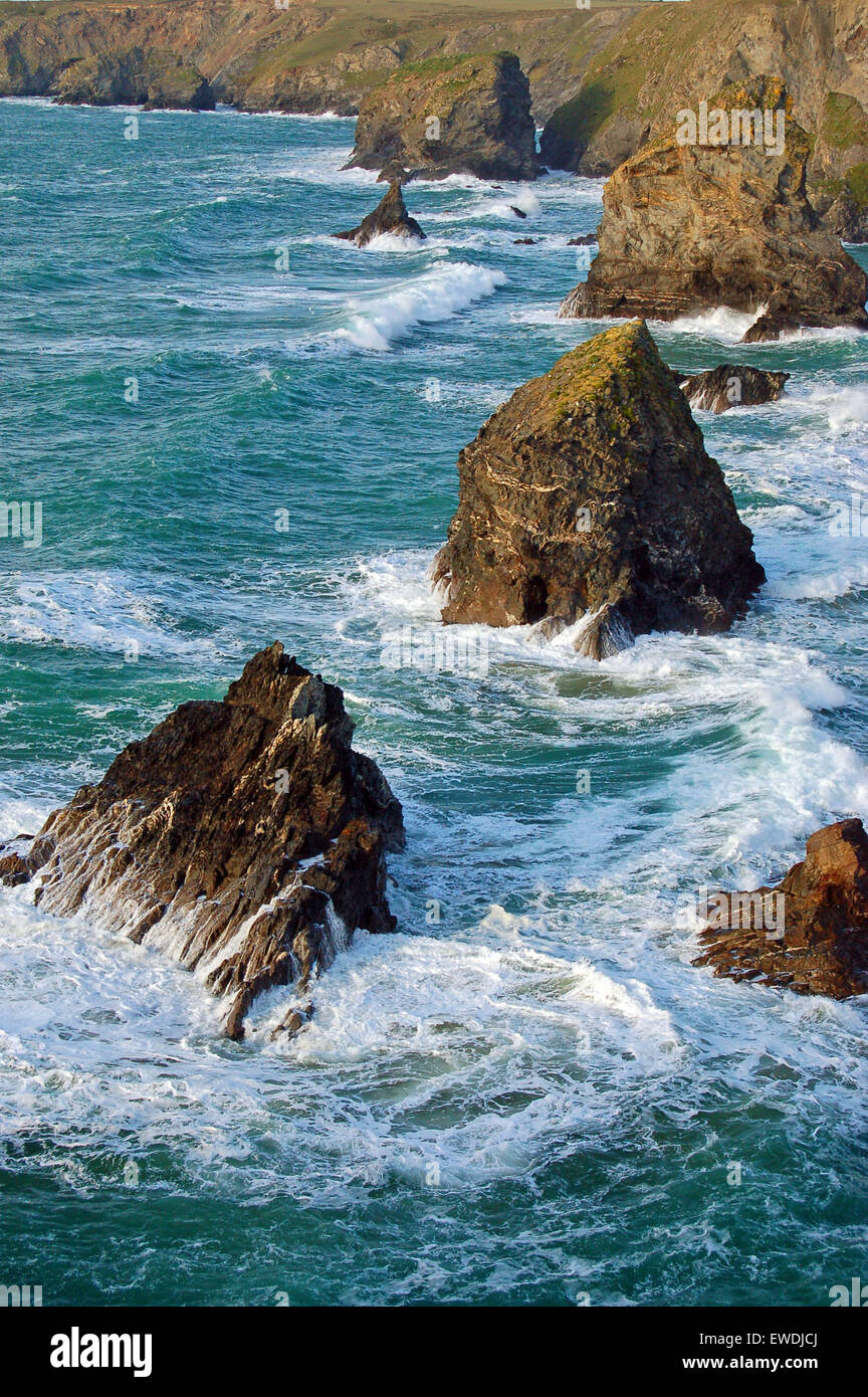The sea stacks, at Bedruthan Steps on the coast of Cornwall, England ...