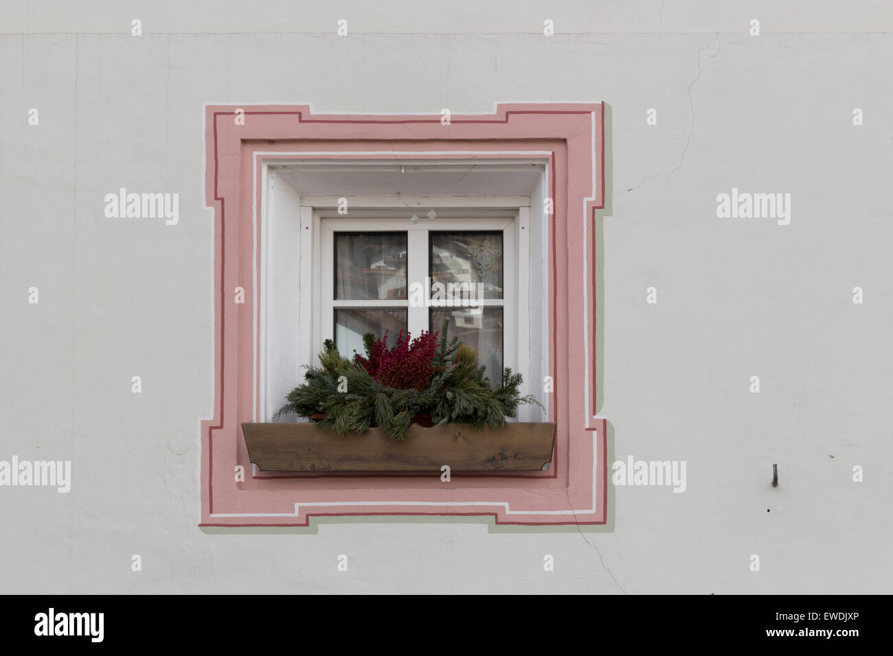 Squared glass window with pink frame and simple border with plant and ...