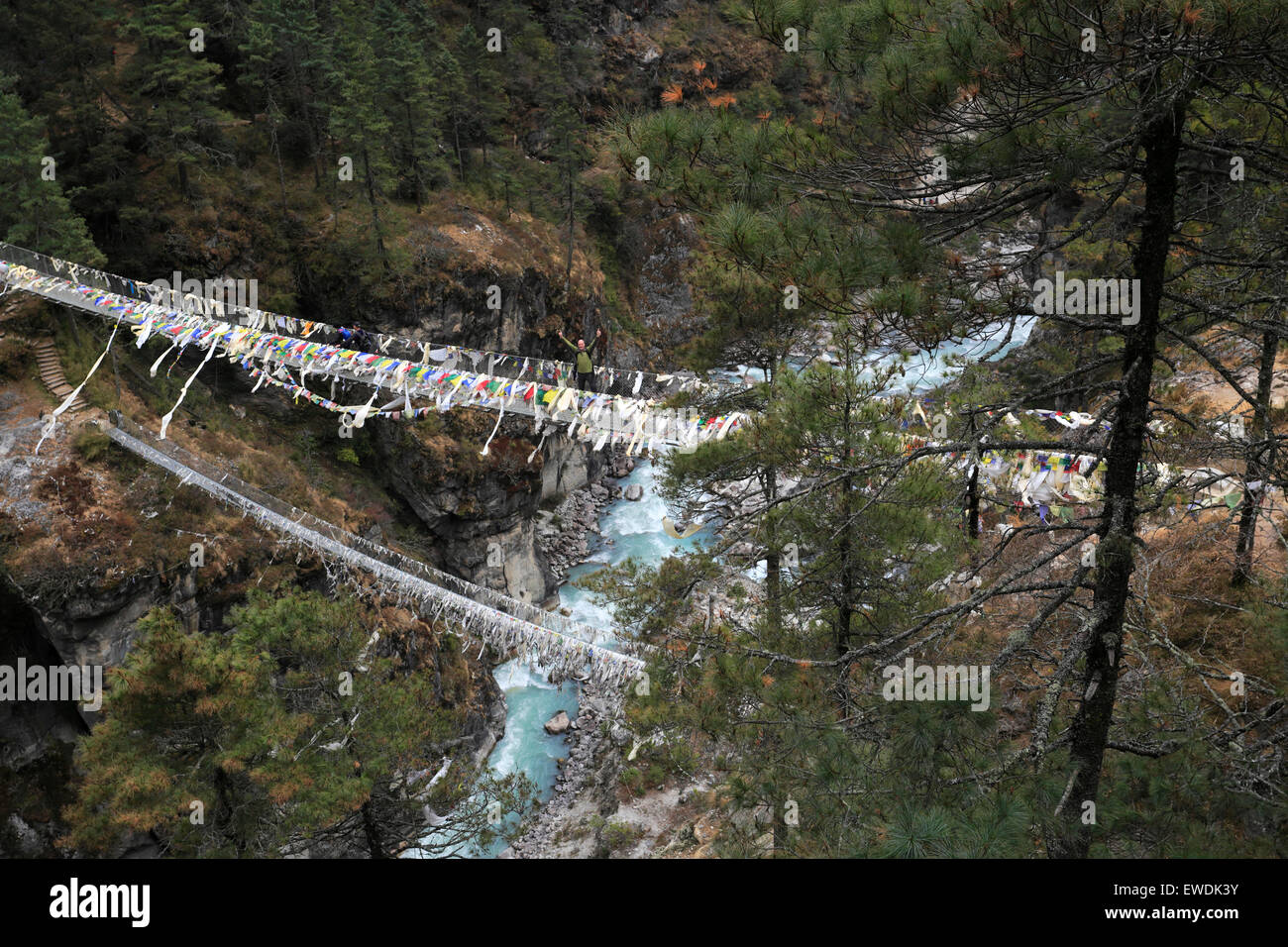 The Larja suspension Bridge over the Dudh Koshi river, near Namche ...