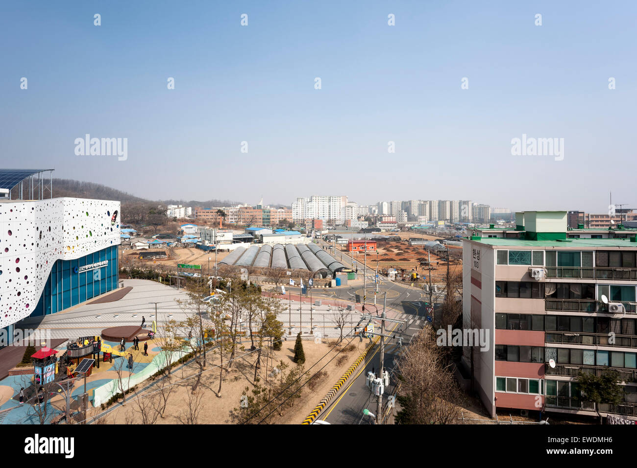 General exterior morning view with cityscape. Incheon Children Science ...