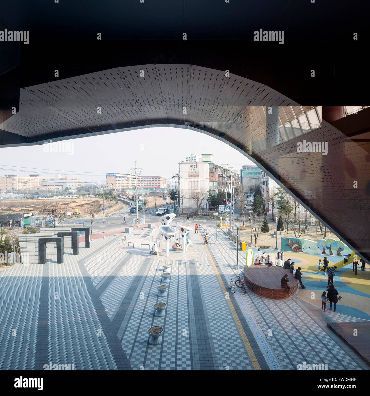 Looking through the window towards plaza and city. Incheon Children ...