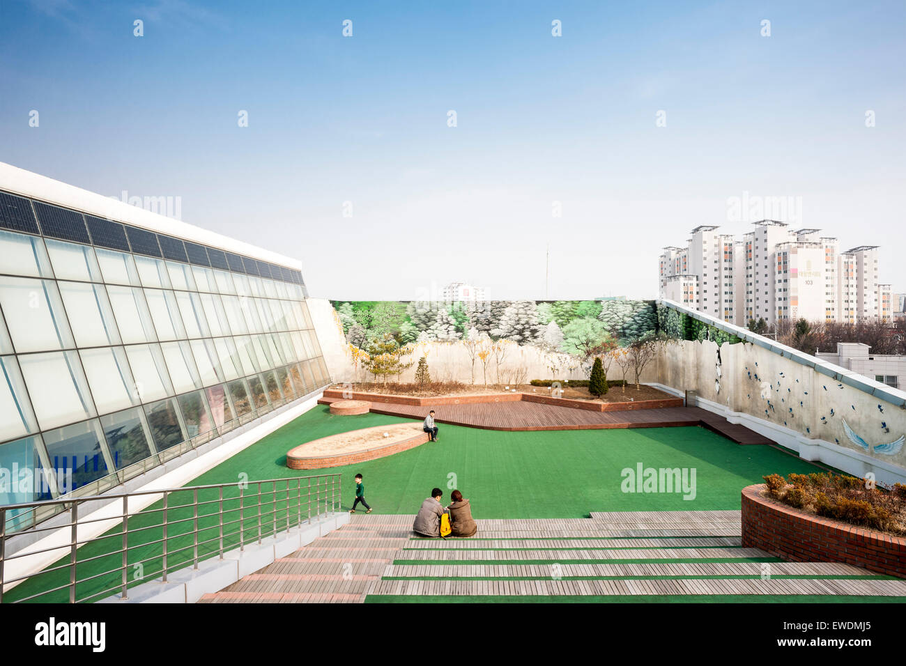Late afternoon view of roof terrace. Incheon Children Science Museum ...
