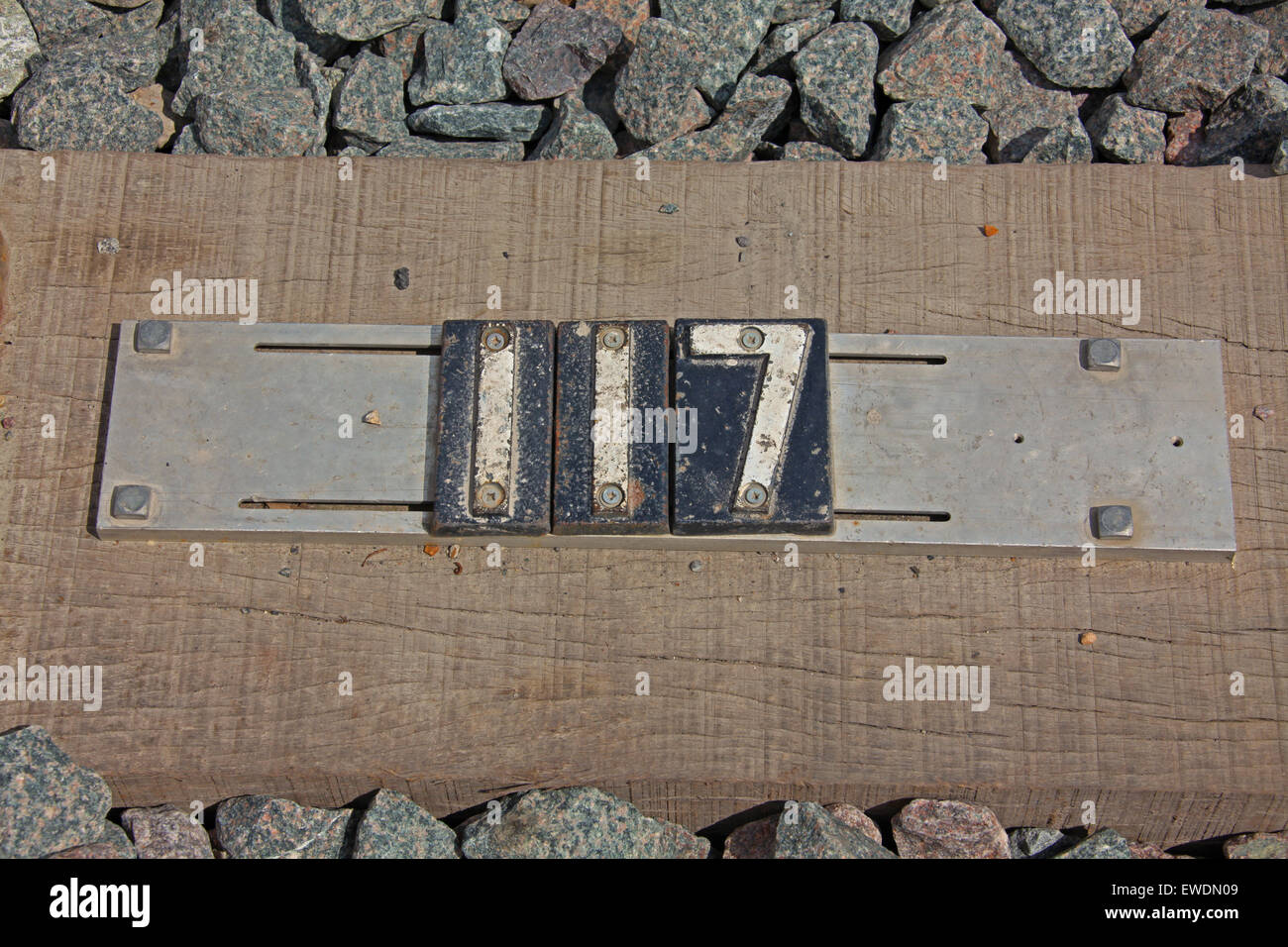 Cast Iron numbers on a steel mount on a wooden sleeper Stock Photo - Alamy