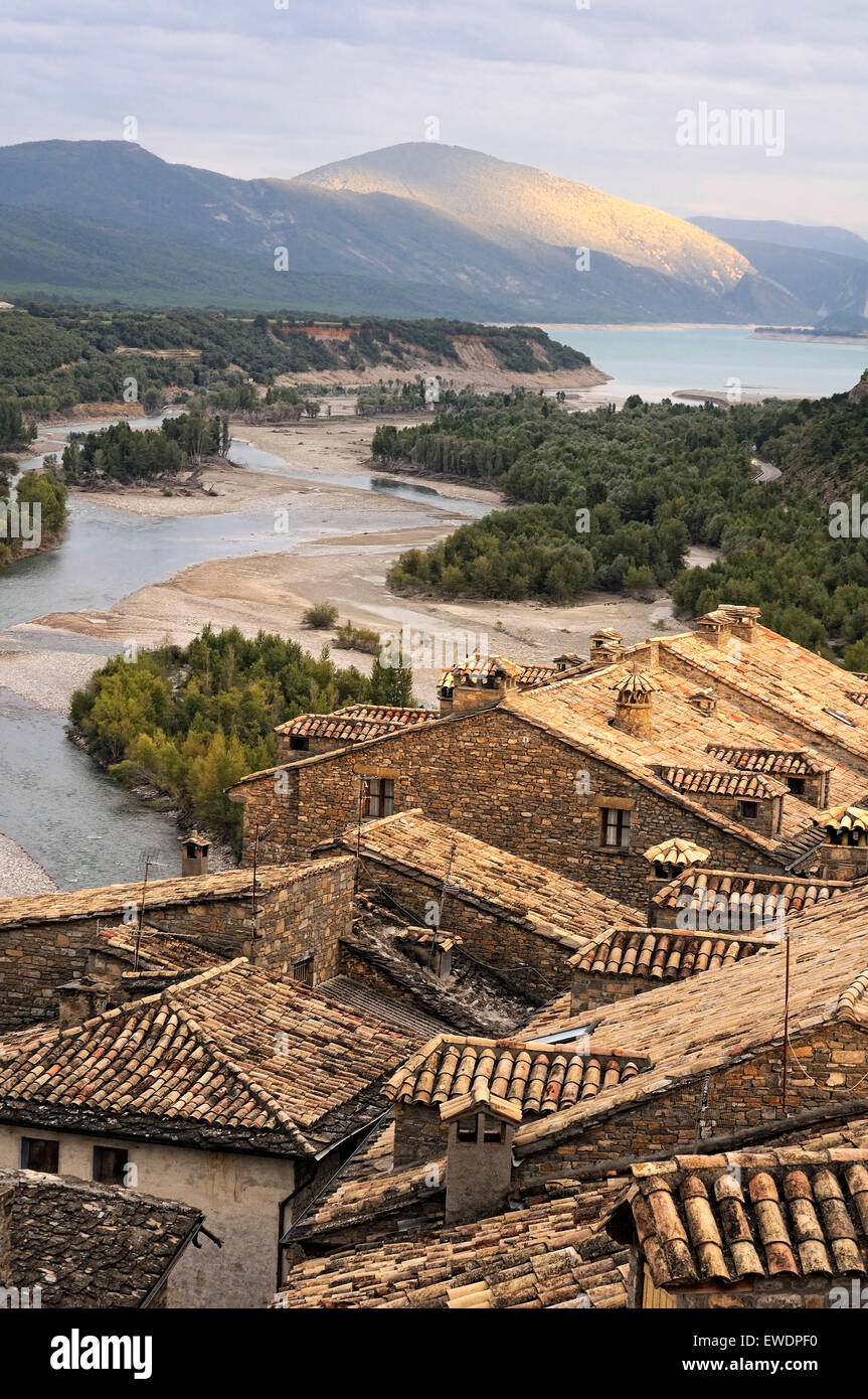 Vertical picture of nice old houses in Ainsa, Pyrenees, with Cinca ...