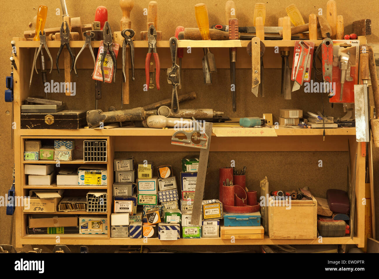 Toolrack on Workbench with Miscellany of Tools Stock Photo - Alamy