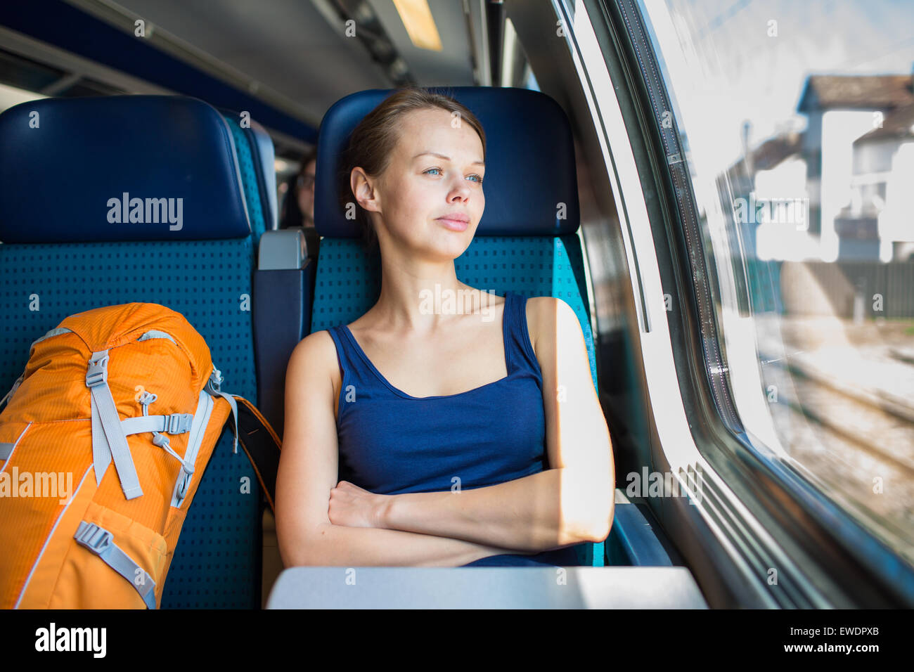 Young woman traveling by train Stock Photo - Alamy