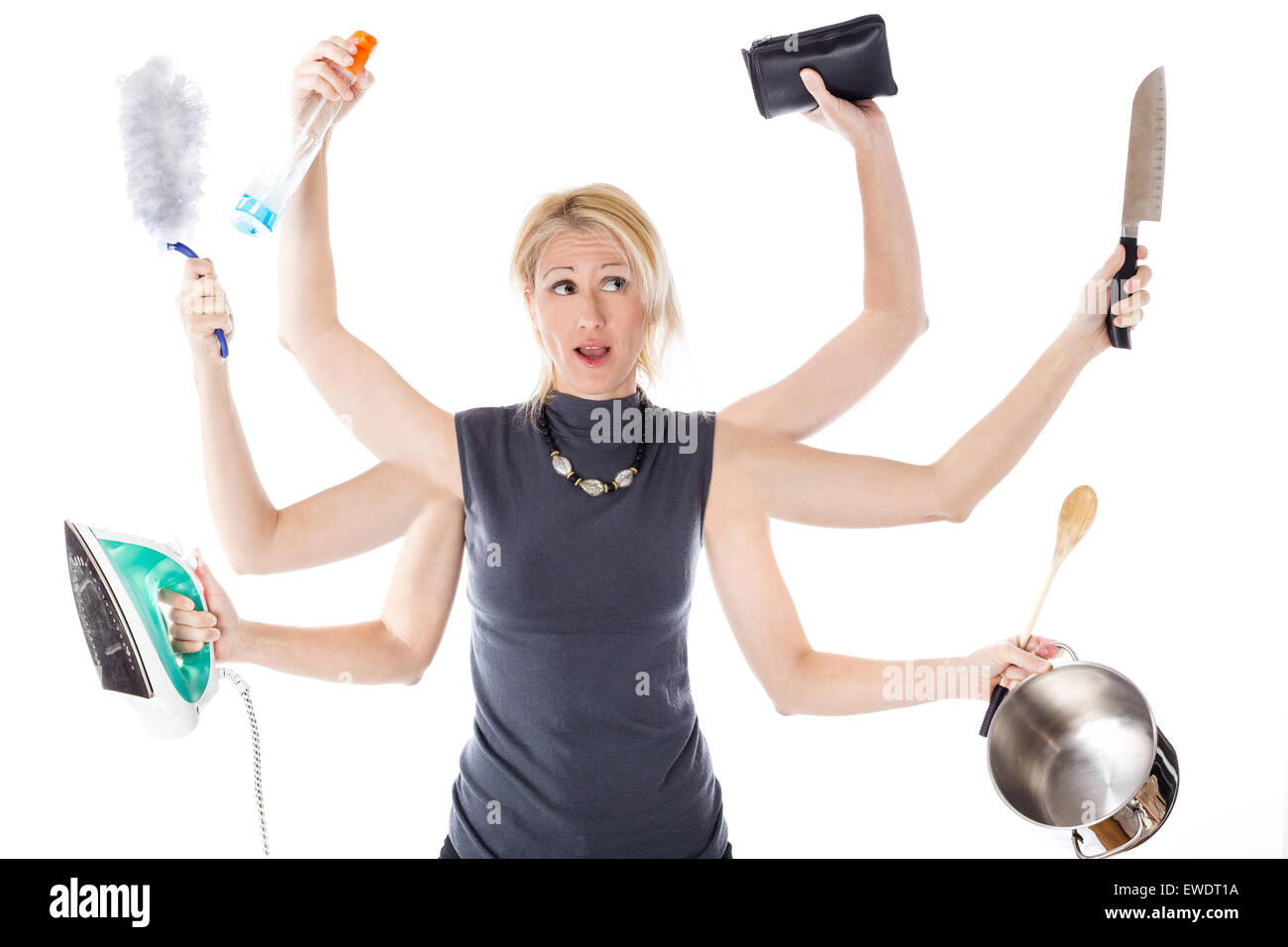 Very busy multitasking housewife on white background. Concept of ...