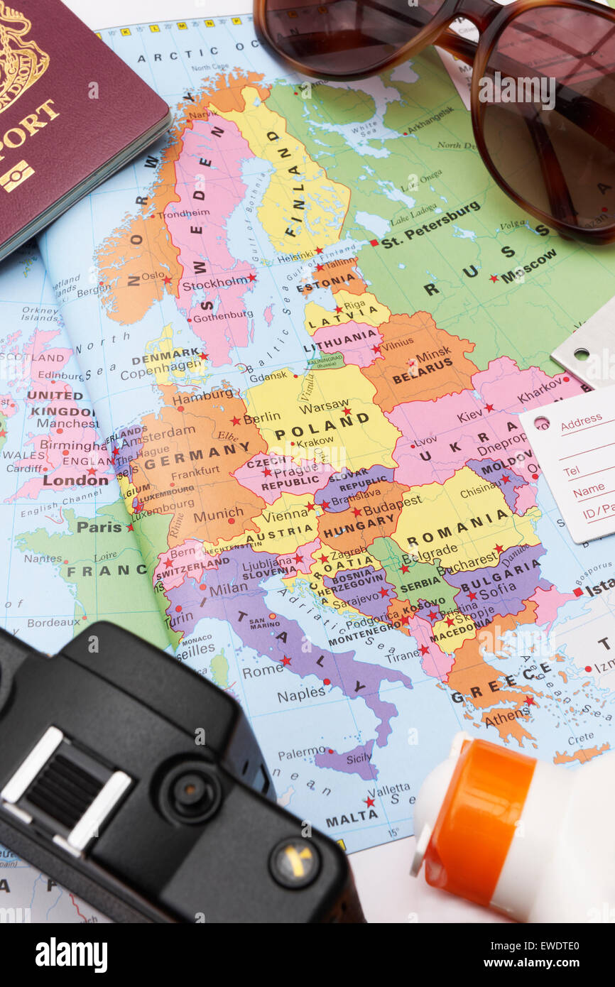 Still Life Of Planning For European Vacation Stock Photo - Alamy