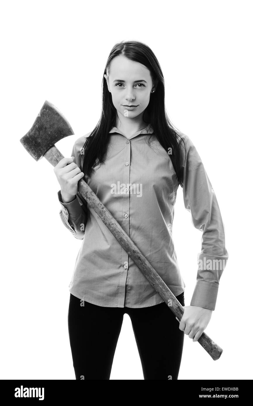 business woman holding a large axe Stock Photo - Alamy