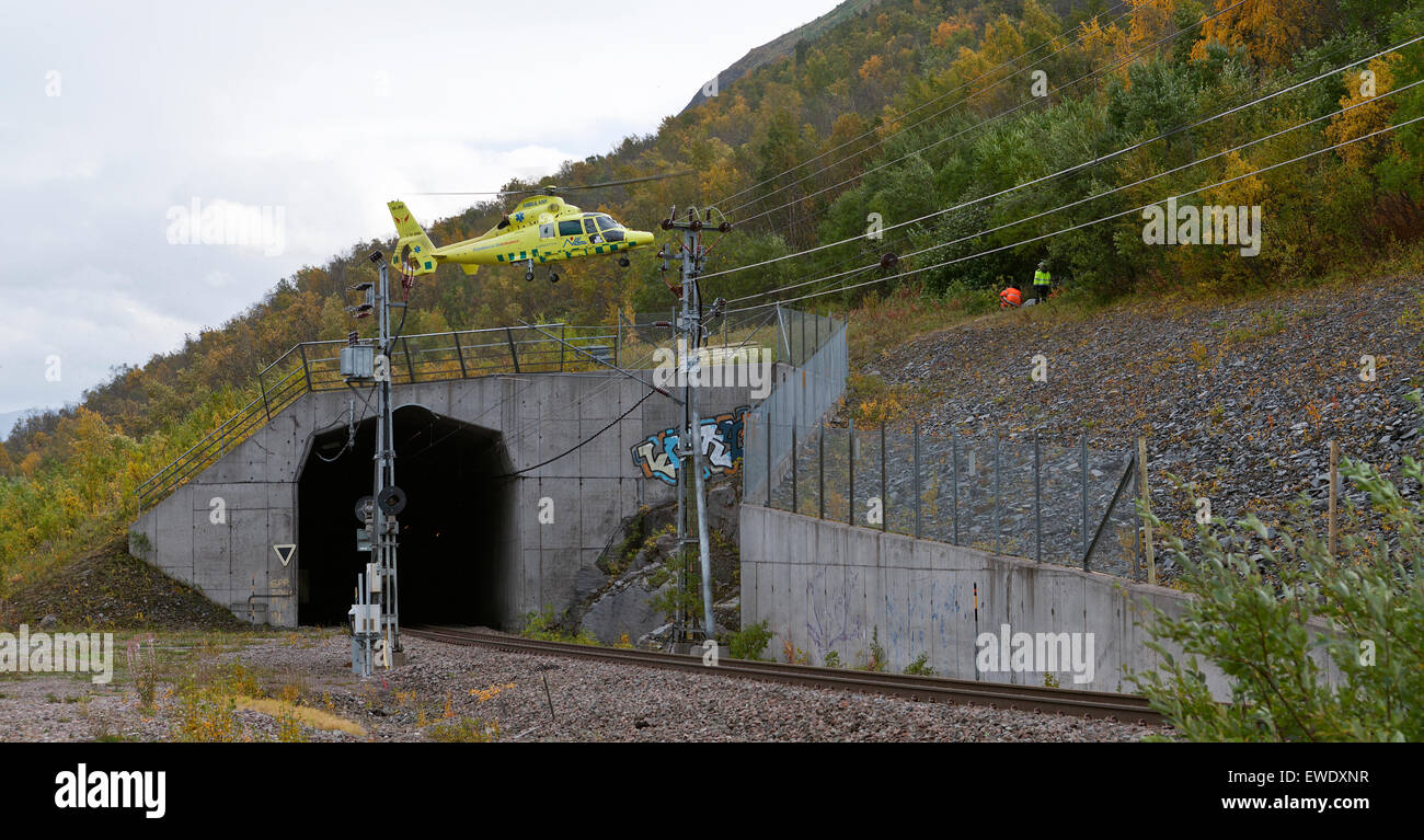 IRON ORE LINE, SWEDEN ON SEPTEMBER 11, 2014. An ambulance helicopter ...