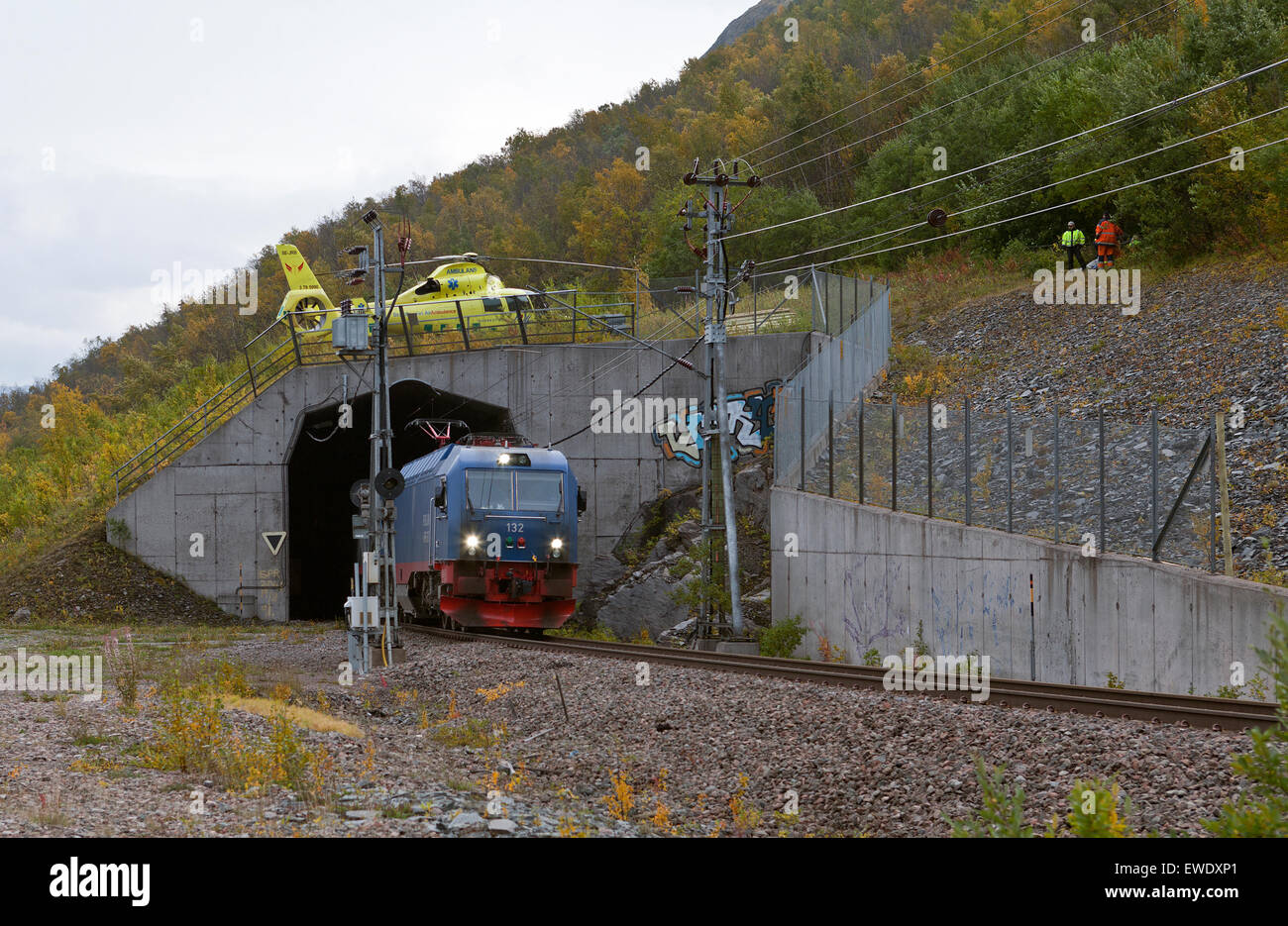 IRON ORE LINE, SWEDEN ON SEPTEMBER 11, 2014. An ambulance helicopter ...