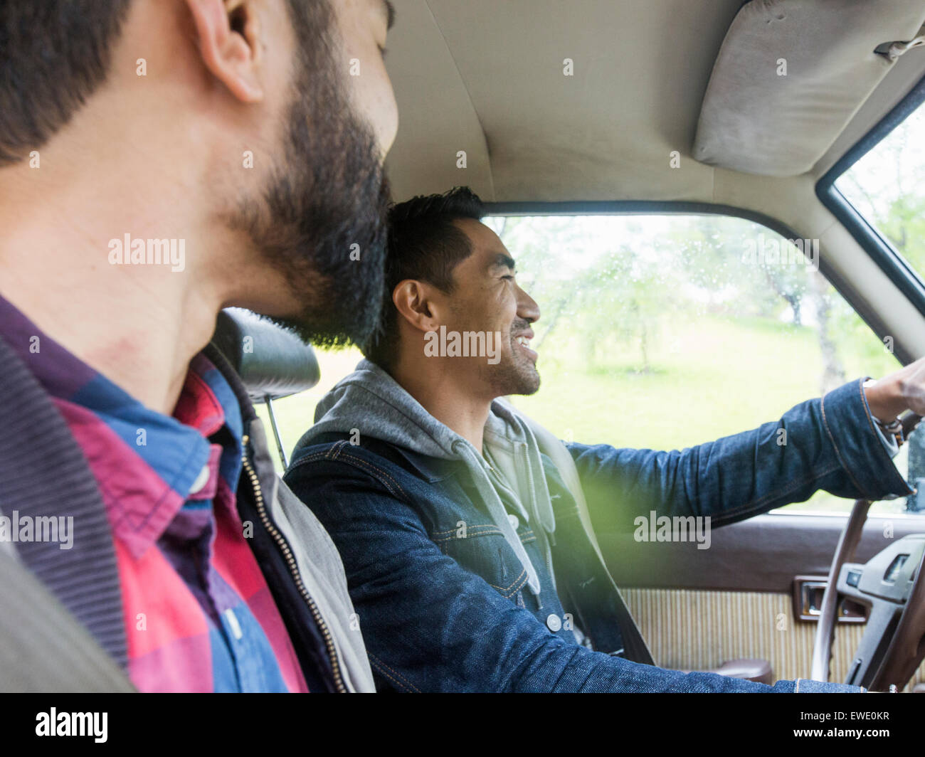 Two young men in a car, driver and passenger, smiling Stock Photo - Alamy