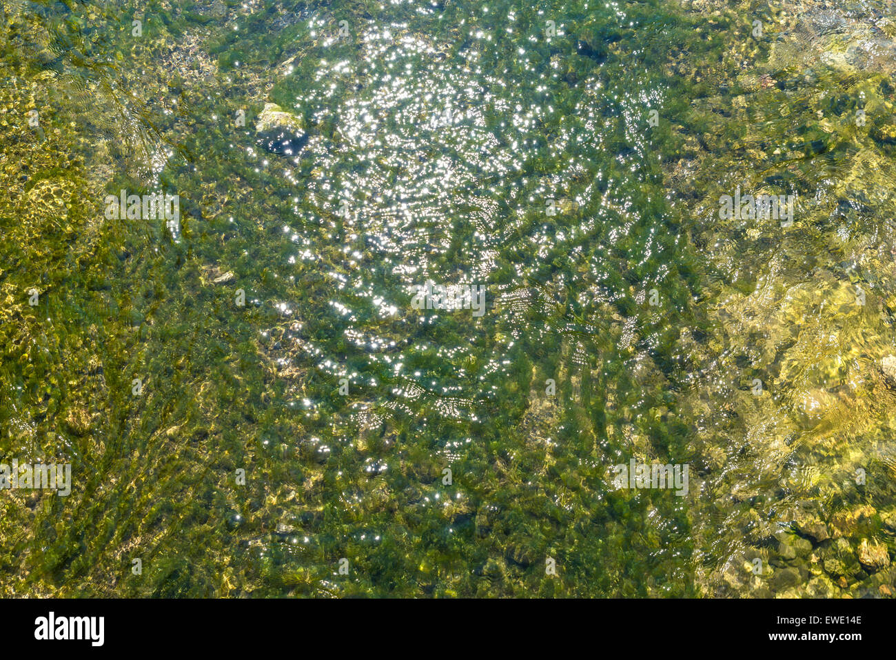 Clean and calm water of a river with rocks and stones as background ...