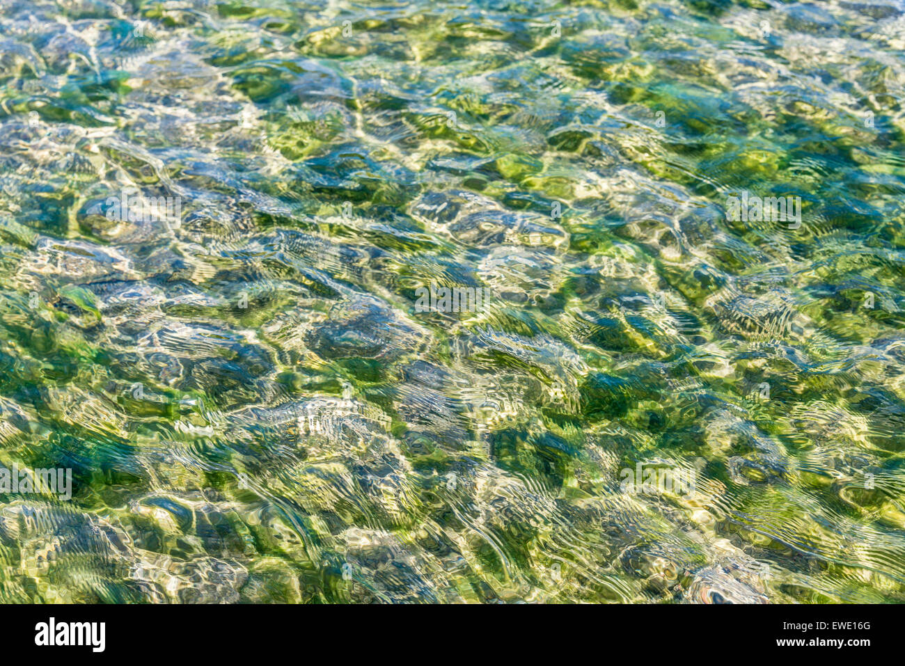 Clean and calm water of a river with rocks and stones as background ...