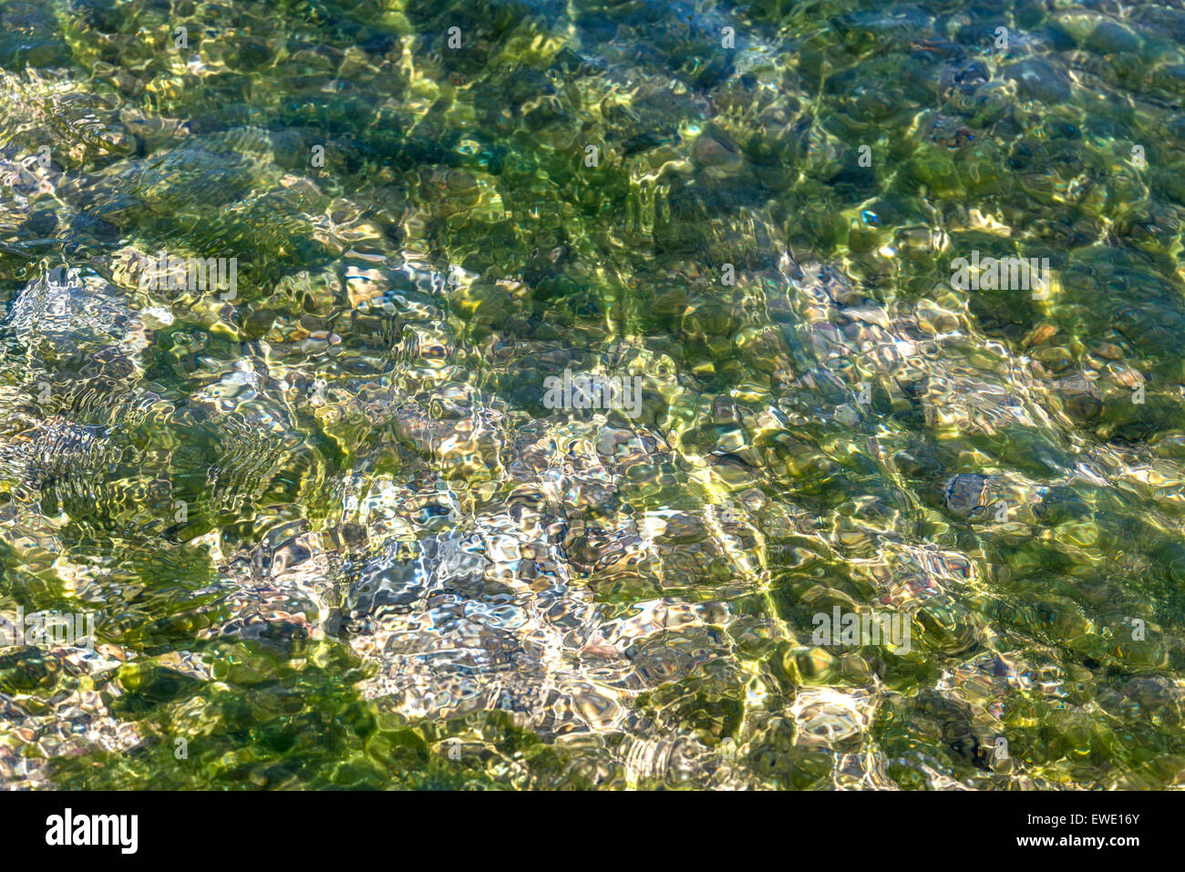 Clean and calm water of a river with rocks and stones as background ...
