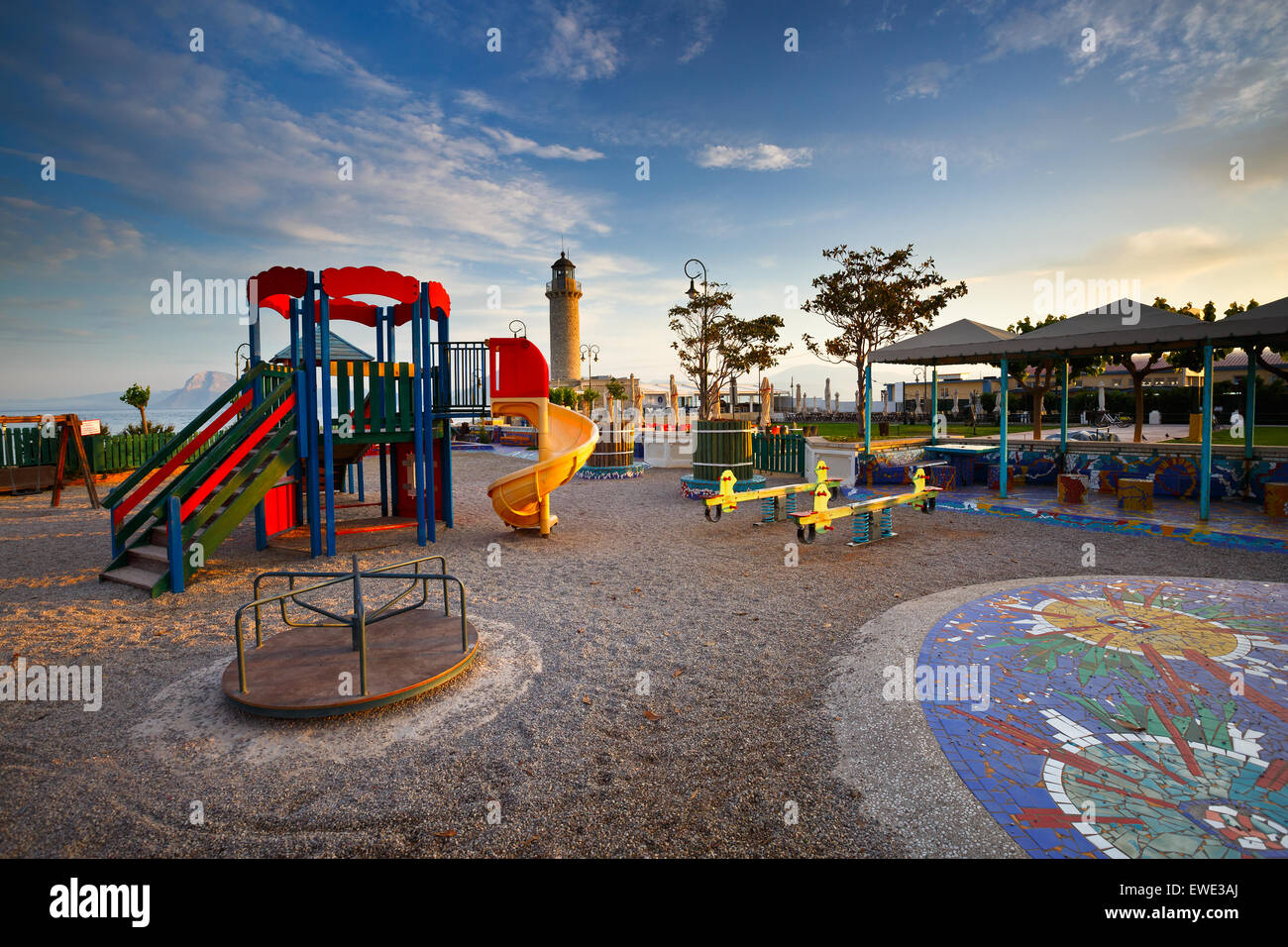 Public playground for children in the park at the lighthouse of Patras ...
