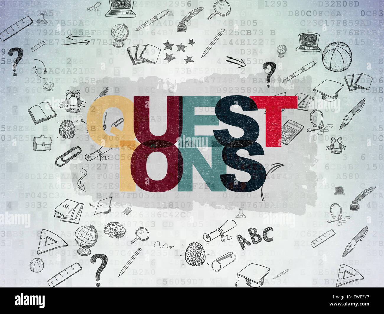 Studying concept: Questions on Digital Paper background Stock Photo - Alamy