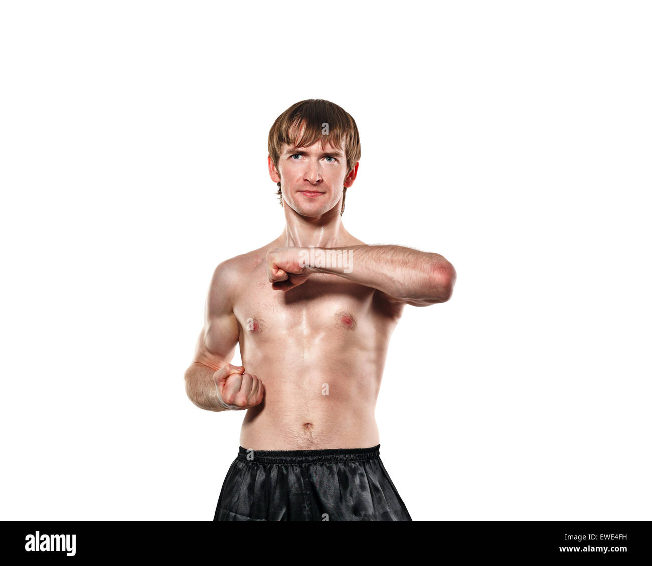 The man trains kata kung fu training to strike. Isolated on white ...